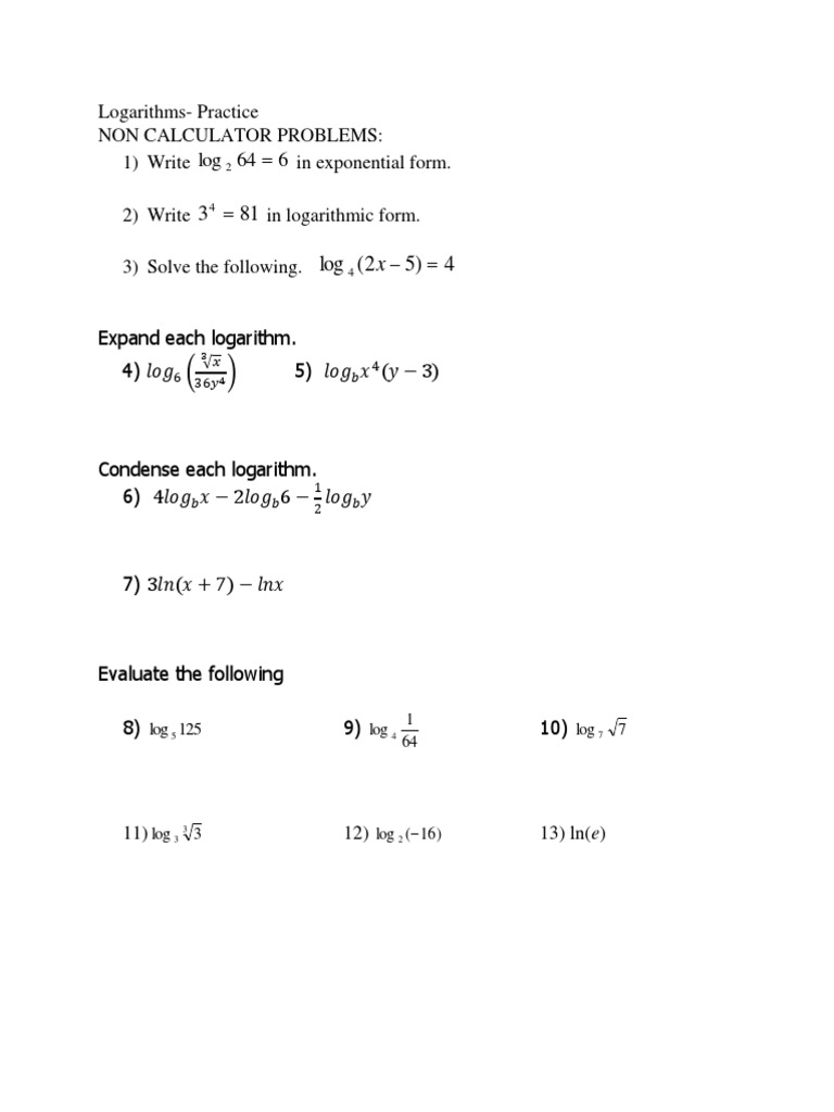 Logarithms and Exponent PRACTICE WS | PDF