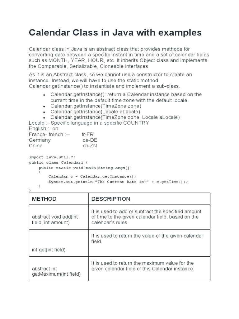 Calendar Class in Java With Examples | PDF | Class (Computer ...