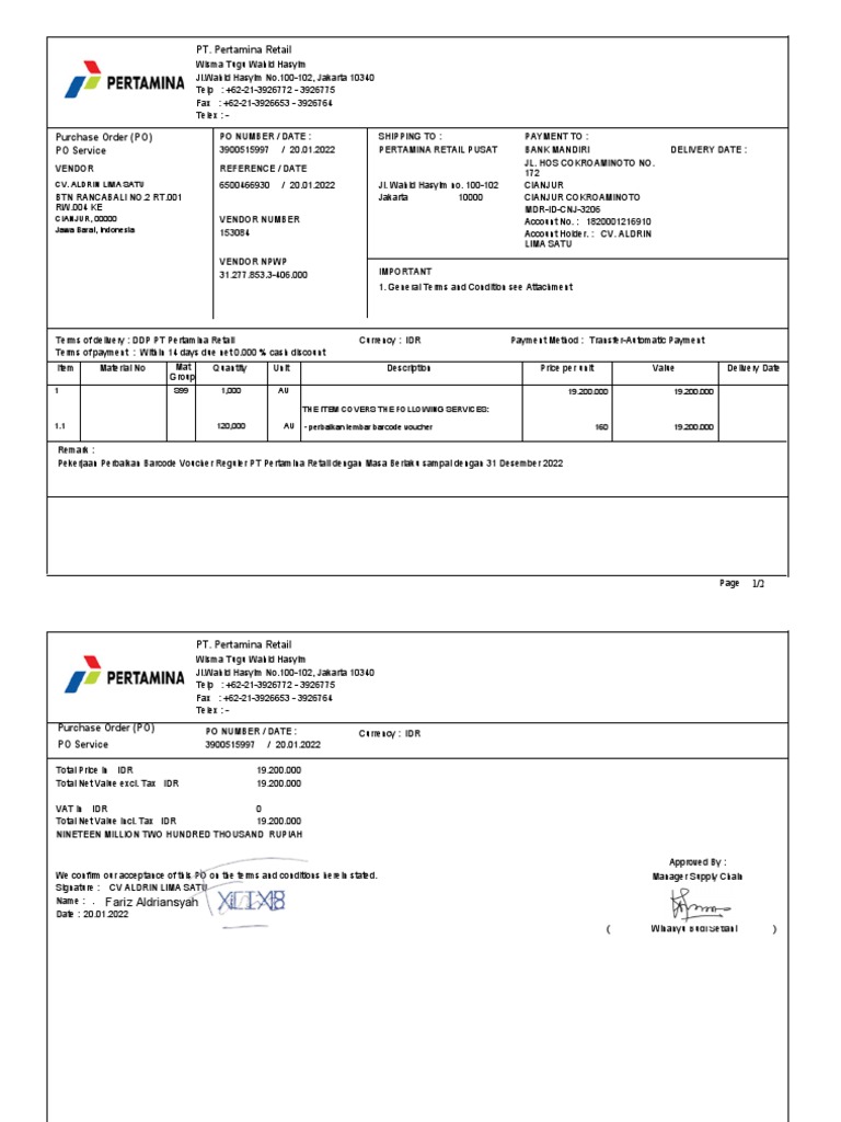 PT. Pertamina Retail: PO Service Purchase Order (PO) | PDF | Indonesian ...