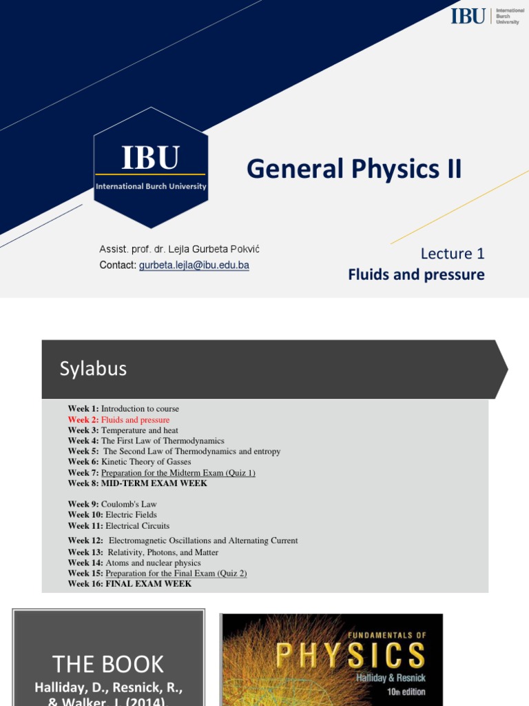 Lecture 1 Fluids and Pressure | PDF | Buoyancy | Pressure