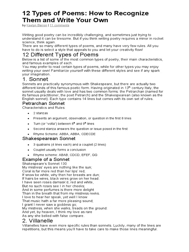 12 Types of Poems: How To Recognize Them and Write Your Own | PDF ...