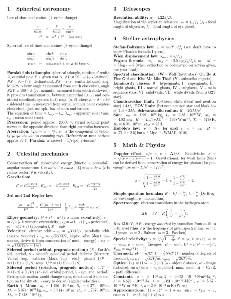 Useful Formulas For Astronomy & Astrophysics Olympiad | PDF | Sine ...