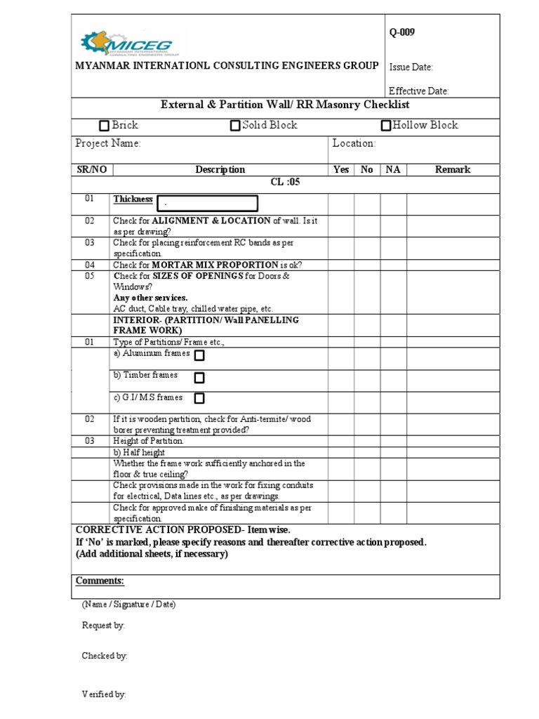 External & Partition Wall/ RR Masonry Checklist Brick Solid Block ...