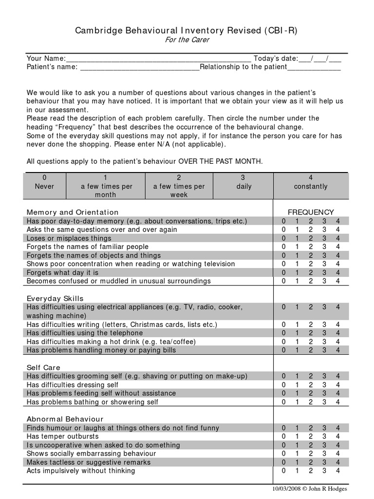 CBI-R Cambridge Behavioural Inventory | PDF | Neuroscience | Cognitive ...