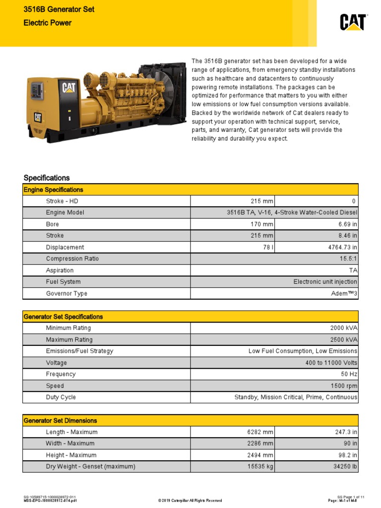 3516 - Specification Sheet | PDF | Electric Generator | Engines
