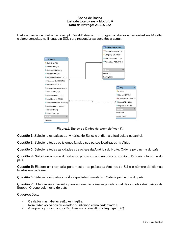 Lista de Exercícios Banco de Dados Mundo SQL | PDF
