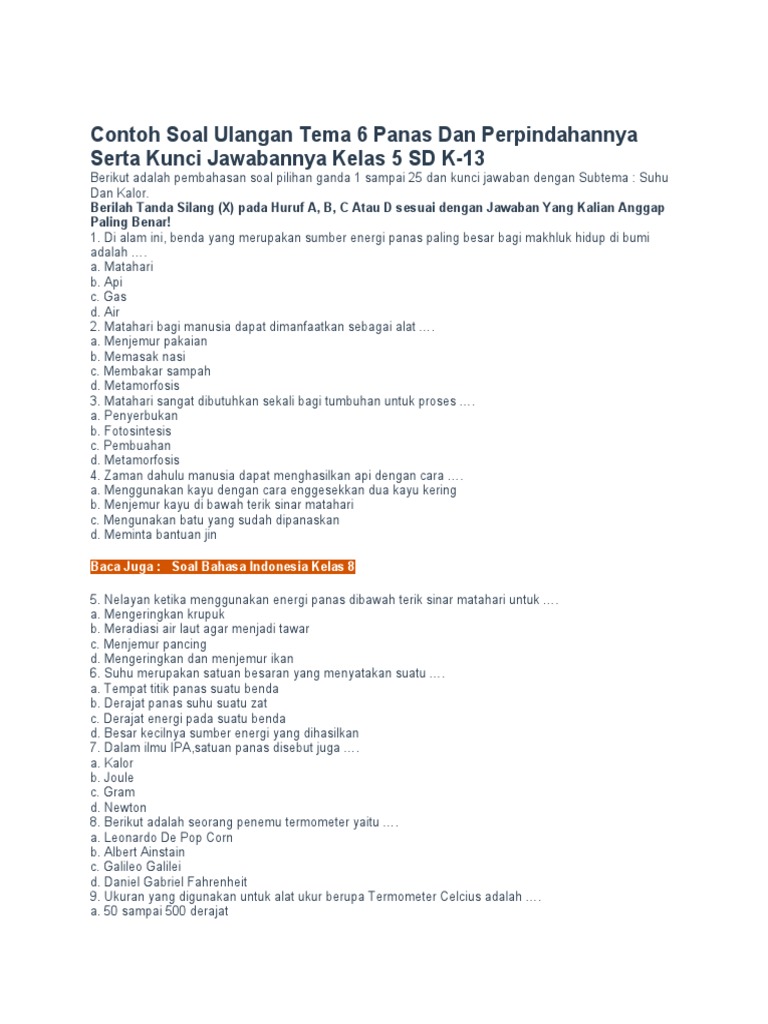 Soal Tema 6 Kelas 5 | PDF | Griya & Taman | Sains & Matematika