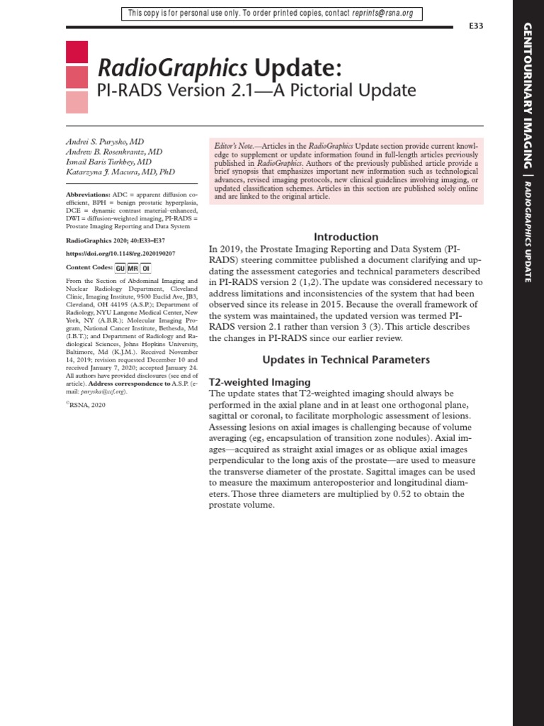 Pirads 2.1 Radiographics | PDF | Magnetic Resonance Imaging | Medical Tests