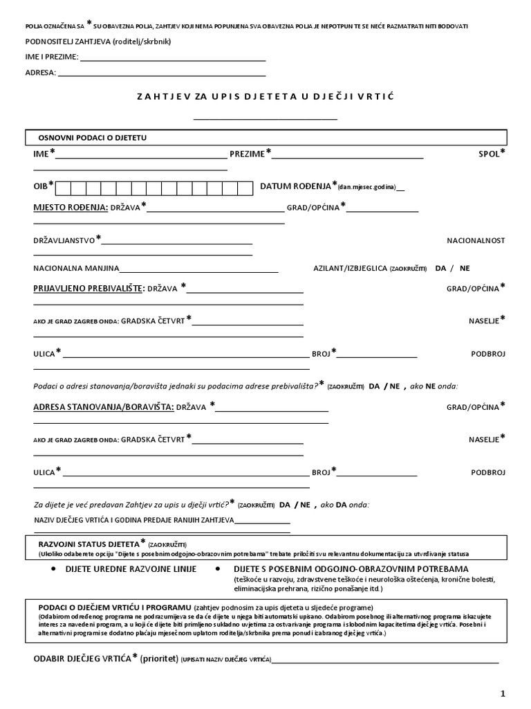 2021-2022 Zahtjev Za Upis Djeteta U Dječji Vrtić - Jaslice I Vrtić | PDF