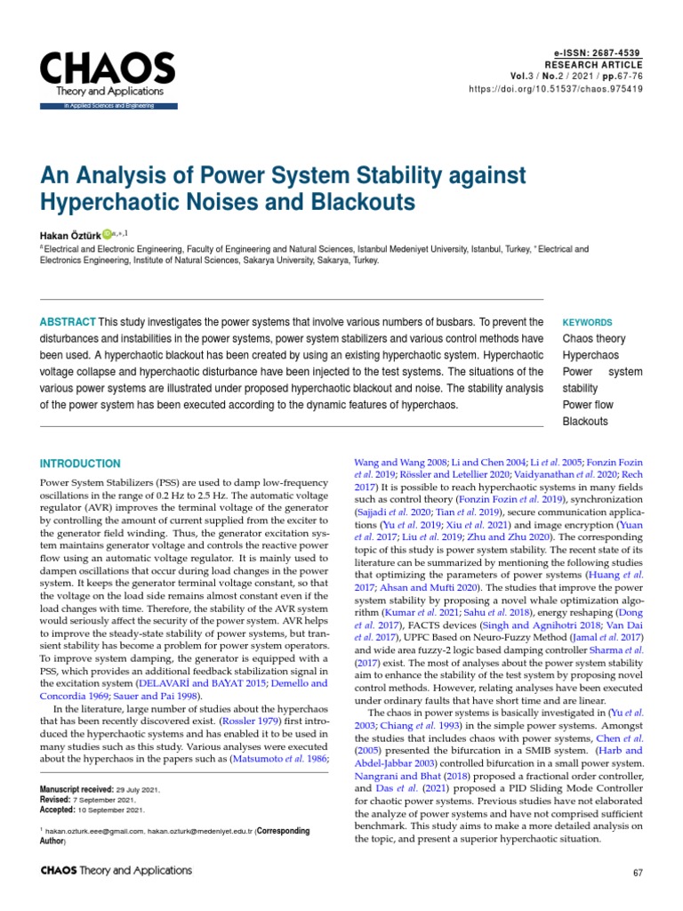 Power System Stability and Hyperchaos Analysis | PDF | Steady State ...