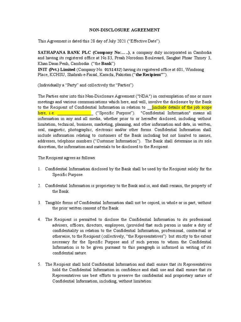 NDA Sample Agreement | PDF | Non Disclosure Agreement | Confidentiality