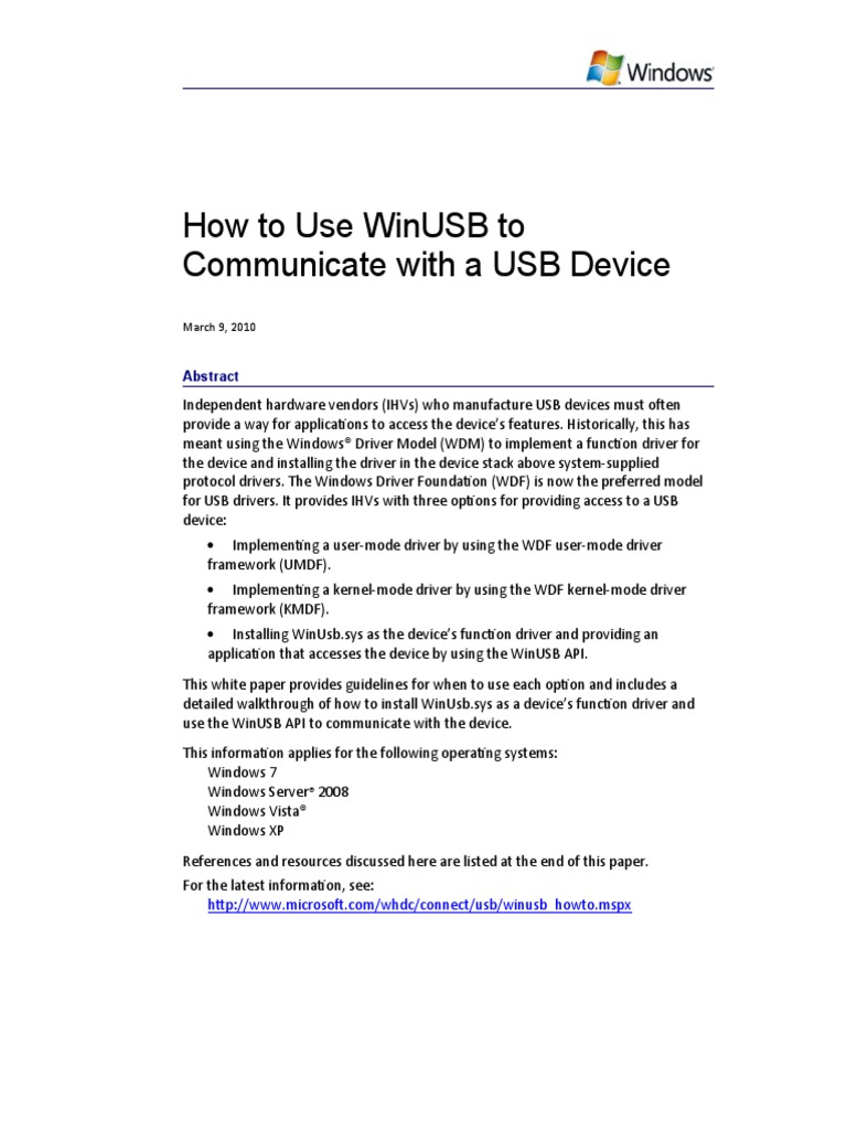 How To Use Winusb To Communicate With A Usb Device: March 9, 2010 | PDF ...