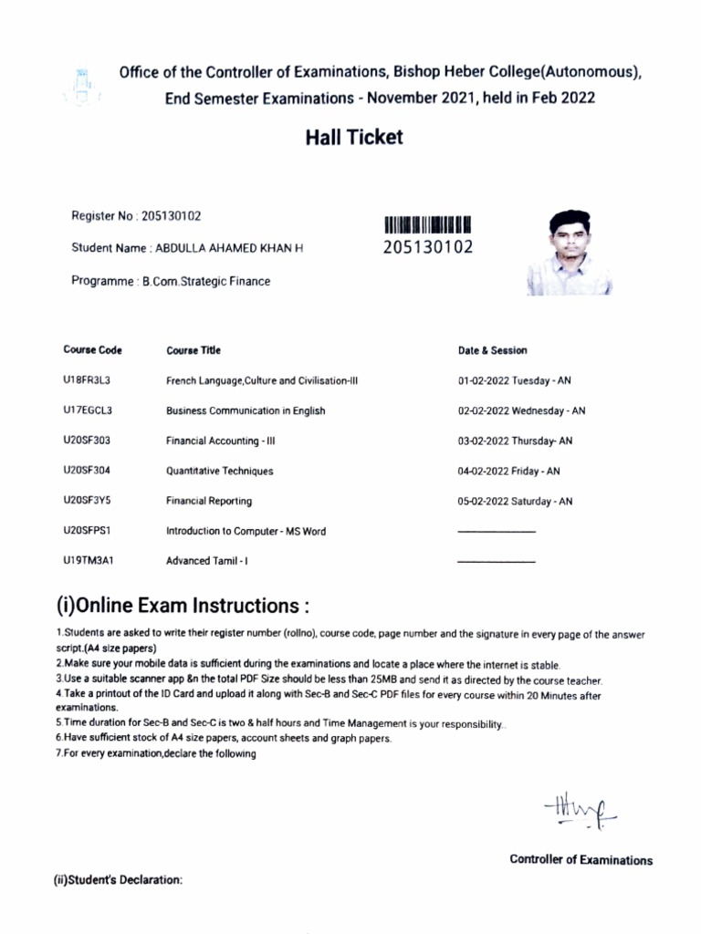 Bishop Heber College Exam Hall Ticket | PDF