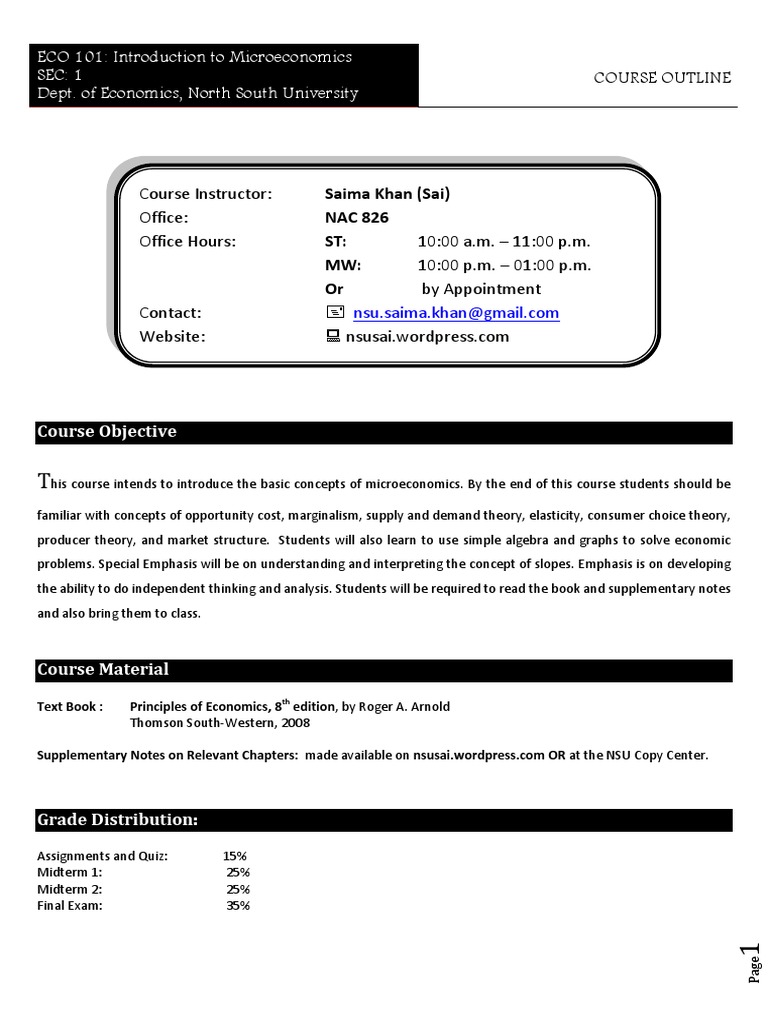 Course Outline: ECO 101: Introduction To Microeconomics SEC: 1 Dept. of ...