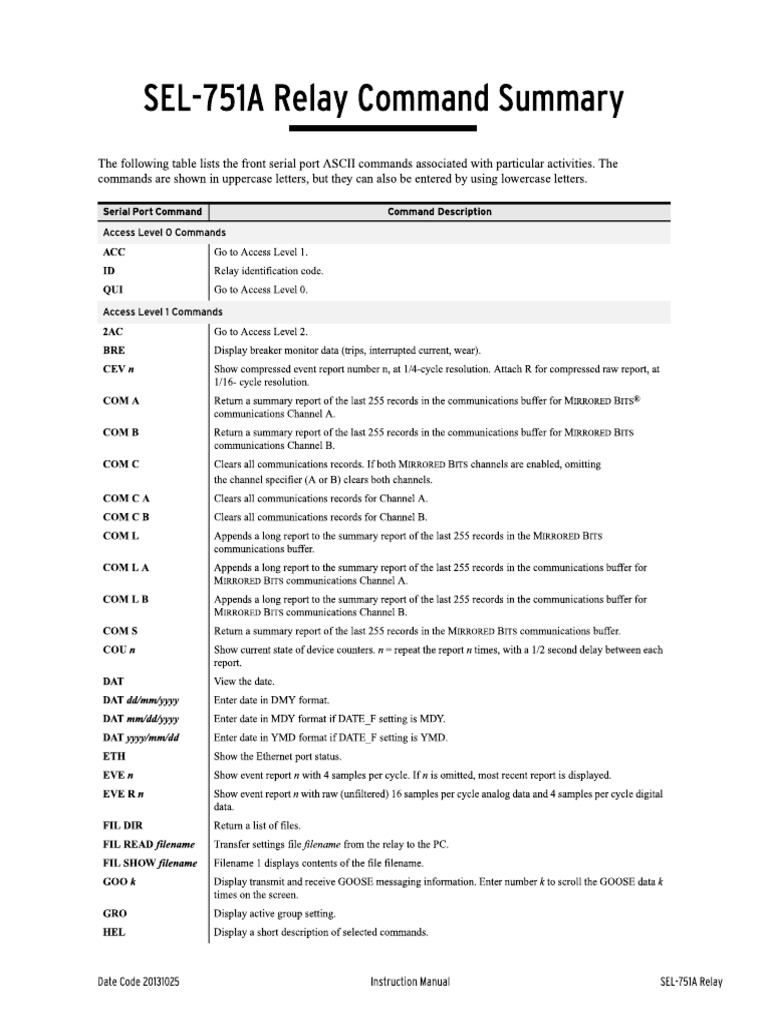 SEL751 Protection Relay Commands | PDF