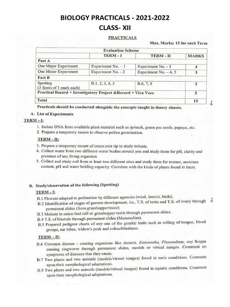 BIOLOGY PRACTICALS - 2021-2022 Class-Xii | PDF