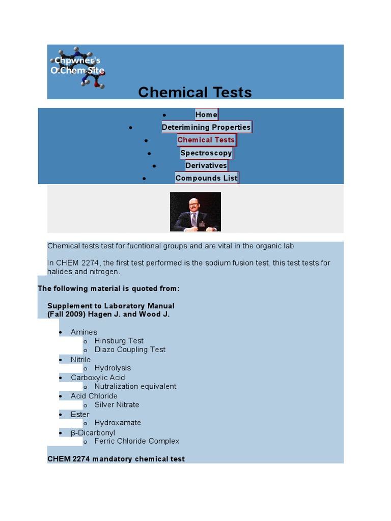 Chemical Tests: Home Deterimining Properties | PDF | Amine | Aldehyde