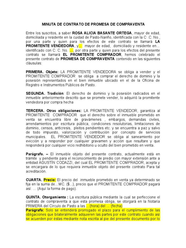 Minuta de Contrato de Promesa de Compraventa Rosa Alicia Basante Ortega ...
