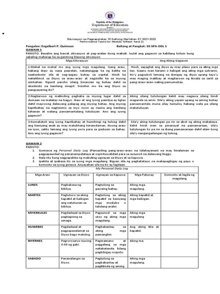 Quarter 3 EsP 10 Performance Task 1 | PDF