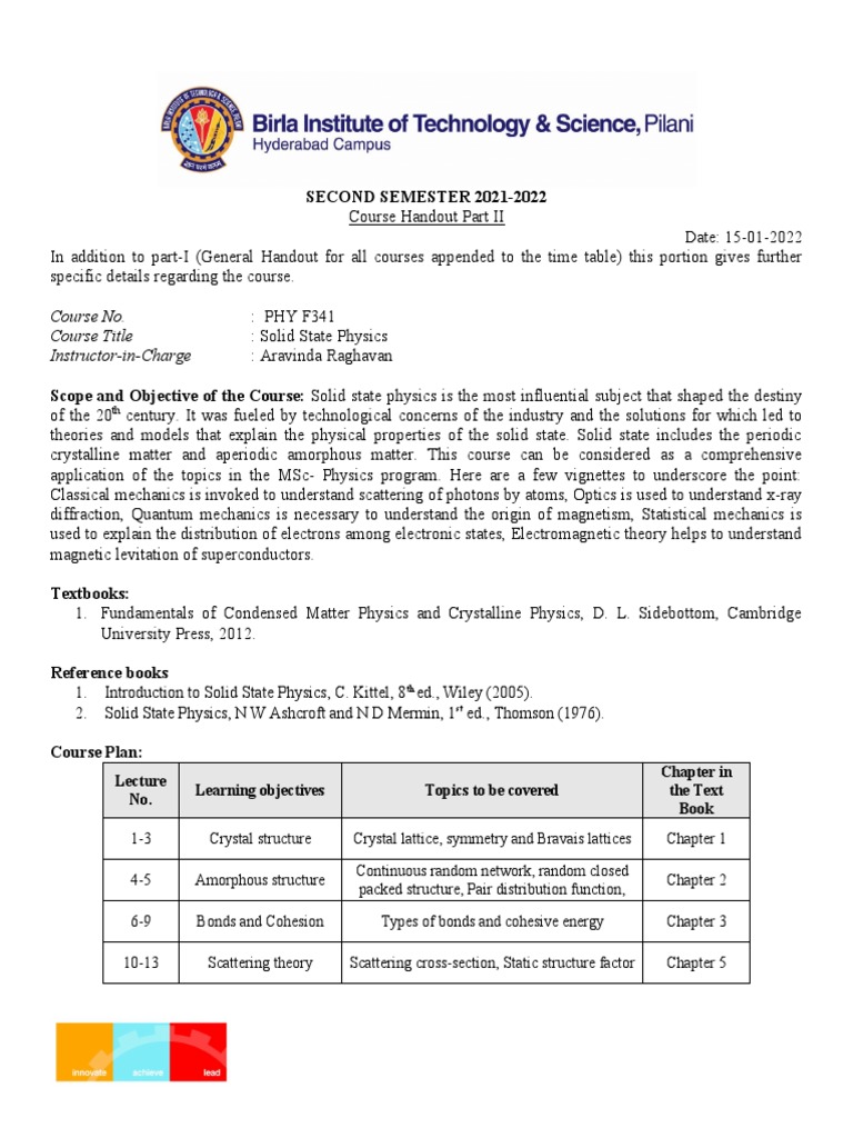 PHY F341 Solid State Phy | PDF | Solid State Physics | Physics
