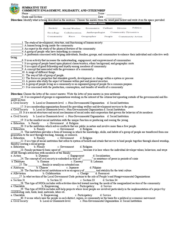 CESC Summative Test | PDF | Community | Non Governmental Organization