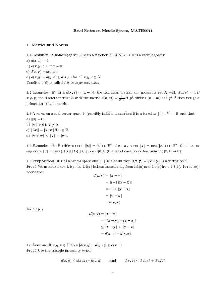 Metric Spaces Bath Lecture Notes Pdf Metric Space Continuous Function