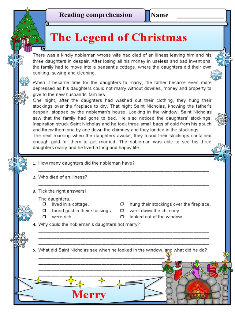The Legend of Christmas Stockings Reading Comprehension Exercises ...