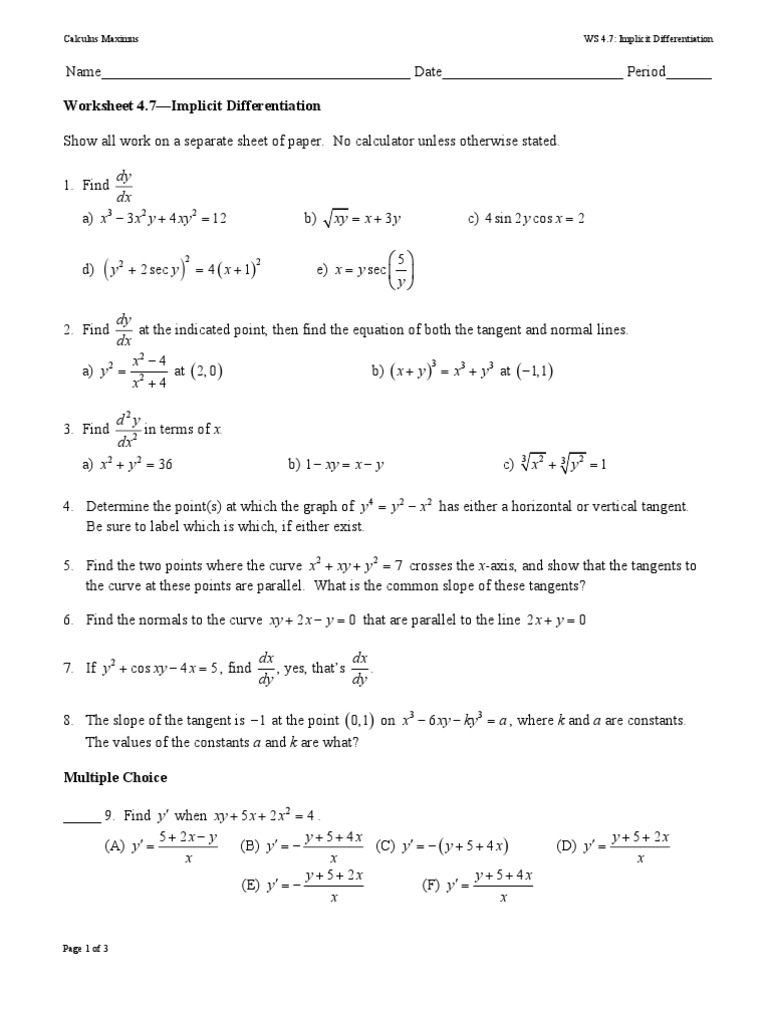 WS 04.7 Implicit Differentiation | PDF | Tangent | Derivative
