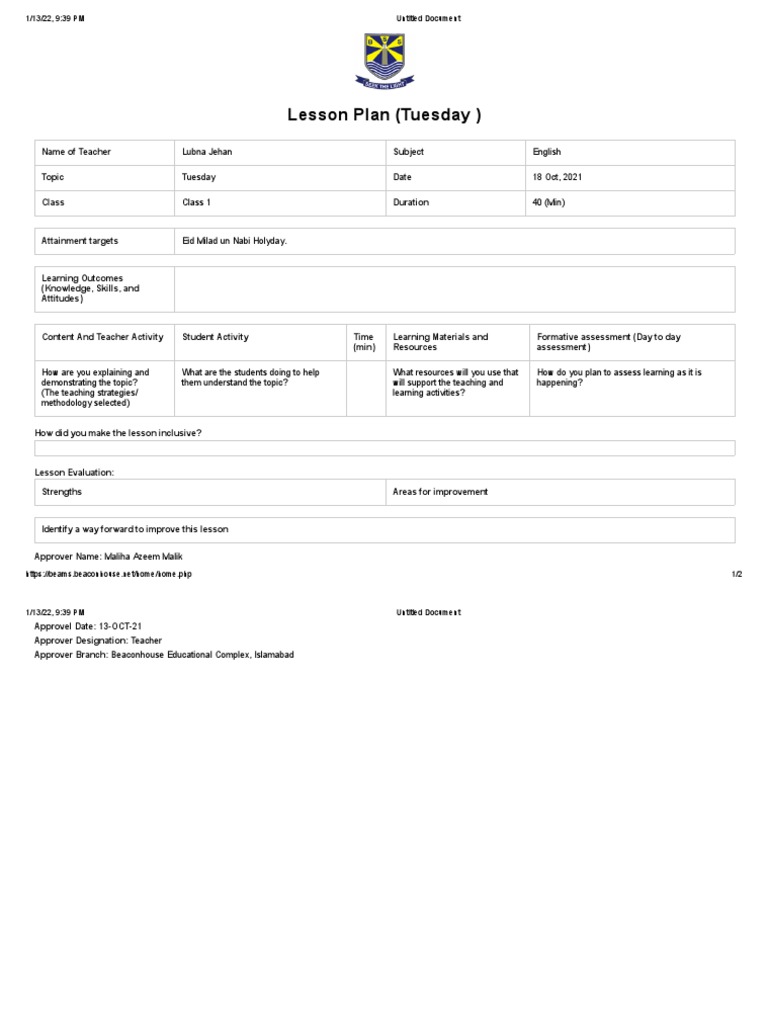 Lesson Plan (Tuesday) | PDF