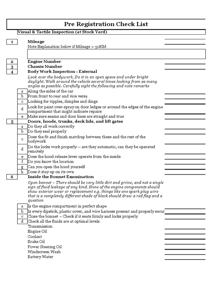 Pre Registration Check List: Visual & Tactile Inspection (At Stock Yard ...