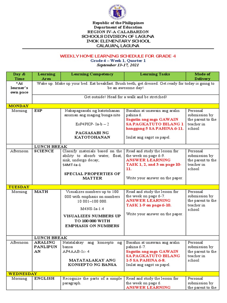 Weekly Home Learning Schedule for Grade 4 Students: Understanding the ...