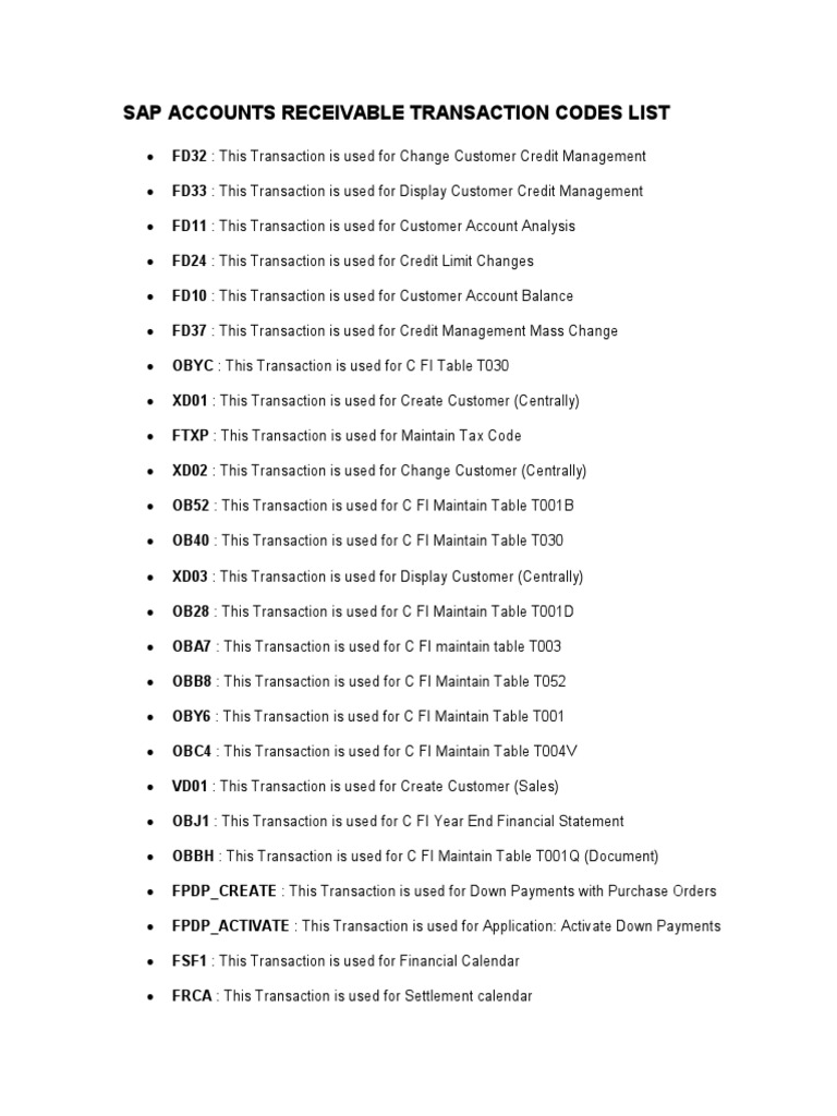 SAP Accounts Receivable Tcodes List | PDF | Business