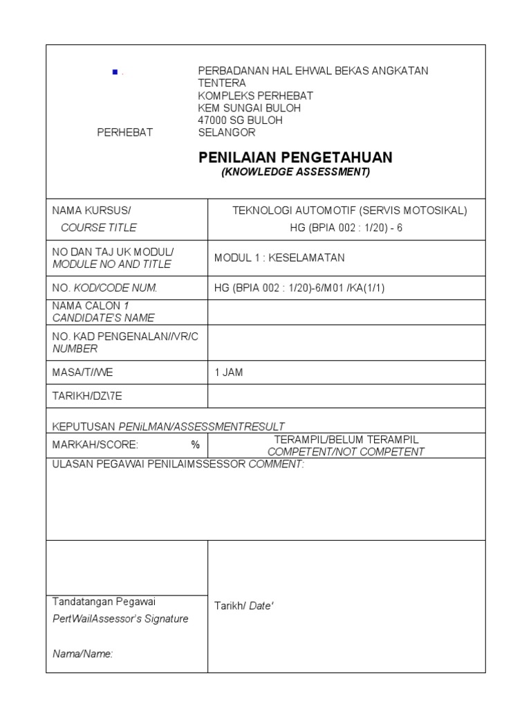 Penilaian Pengetahuan HG m1 - Keselamatan | PDF