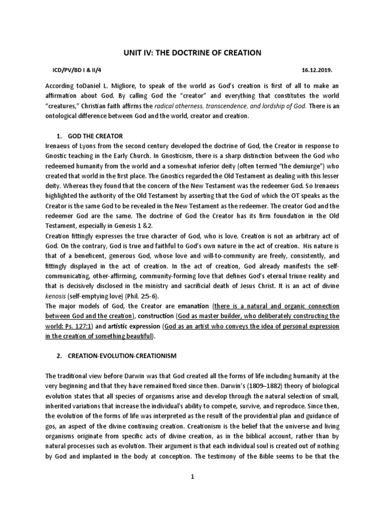 Unit Iv - Doctrine of Creation | PDF | God | Creationism