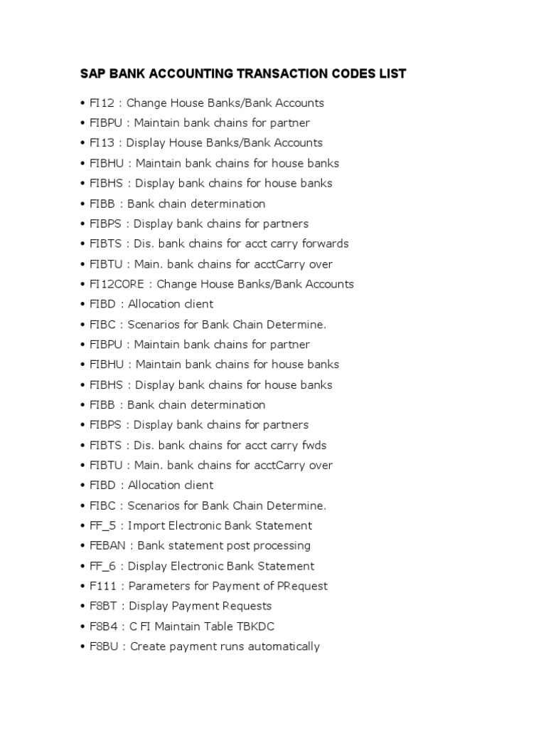 Sap Bank Accounting Transaction Codes List | PDF | Banks | Information ...