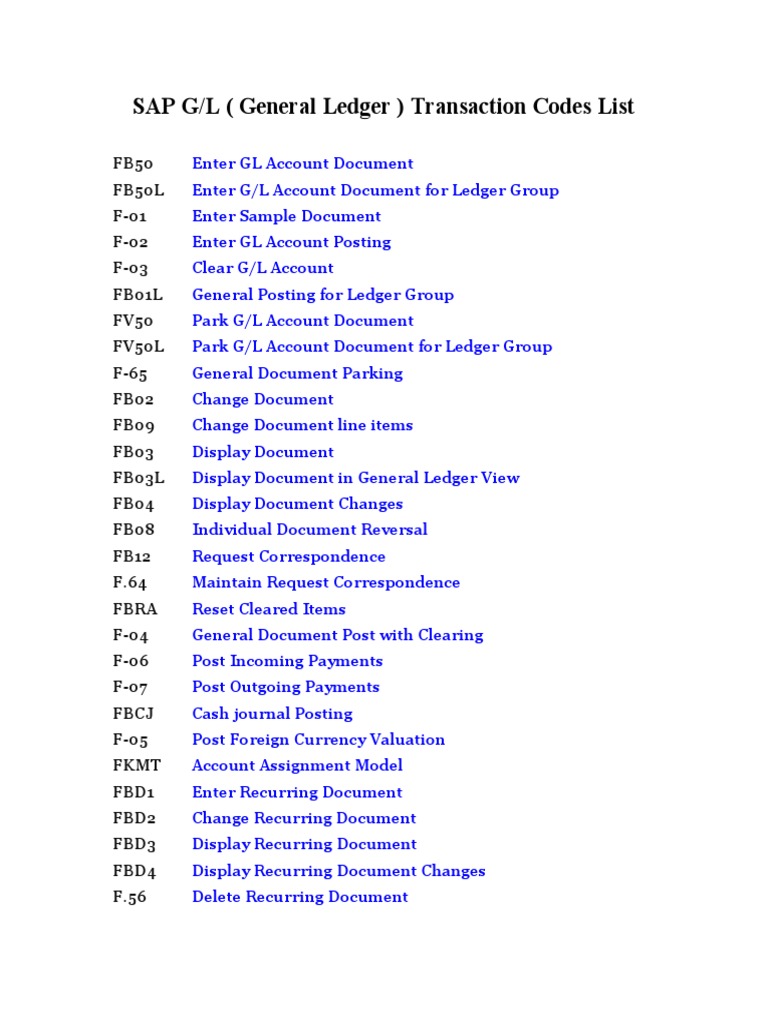 SAP General Ledger Transaction Codes | PDF | Banking | Business