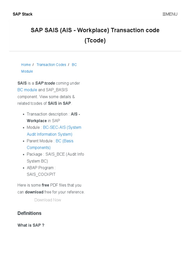 SAP SAIS Transaction Code - AIS - Workplace Tcode in SAP | PDF ... SAP SAIS Transaction Code - AIS - Workplace Tcode in SAP | PDF ...