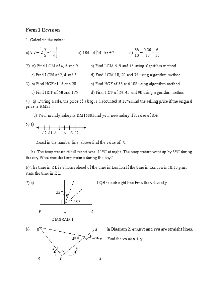Form 1 Mathematics Revision Exercises | PDF