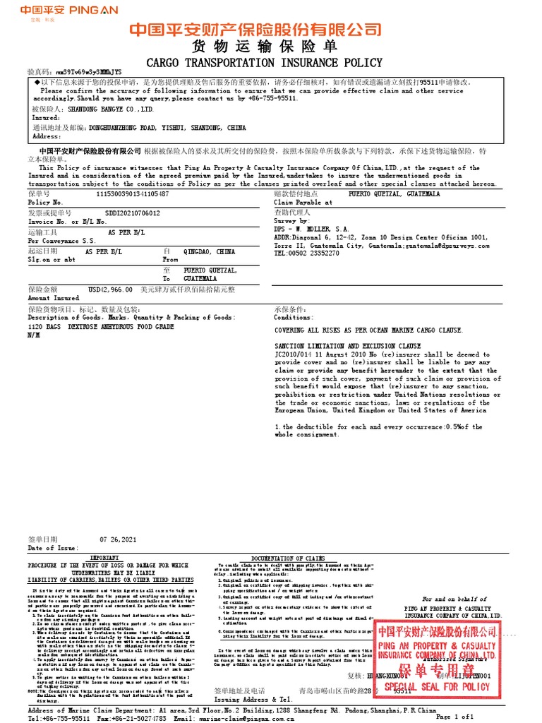 Cargo Transportation Insurance Policy | PDF | Insurance | Legal Liability