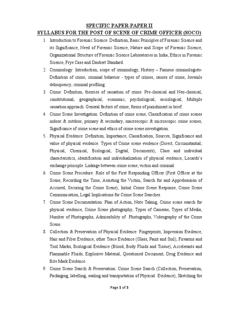 SOCO P-2 Syllabus | PDF | Crime Scene | Forensic Science