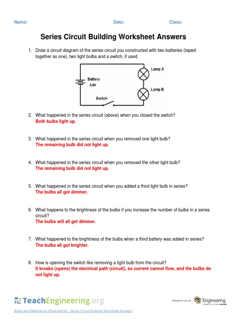 Series Circuit Building Worksheet Answers: Name: Date: Class | PDF