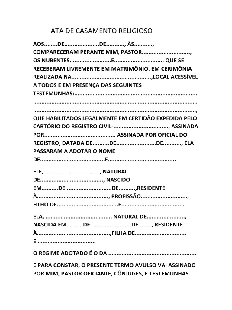 Ata de Casamento Religioso | PDF | Casamento | Casamento civil