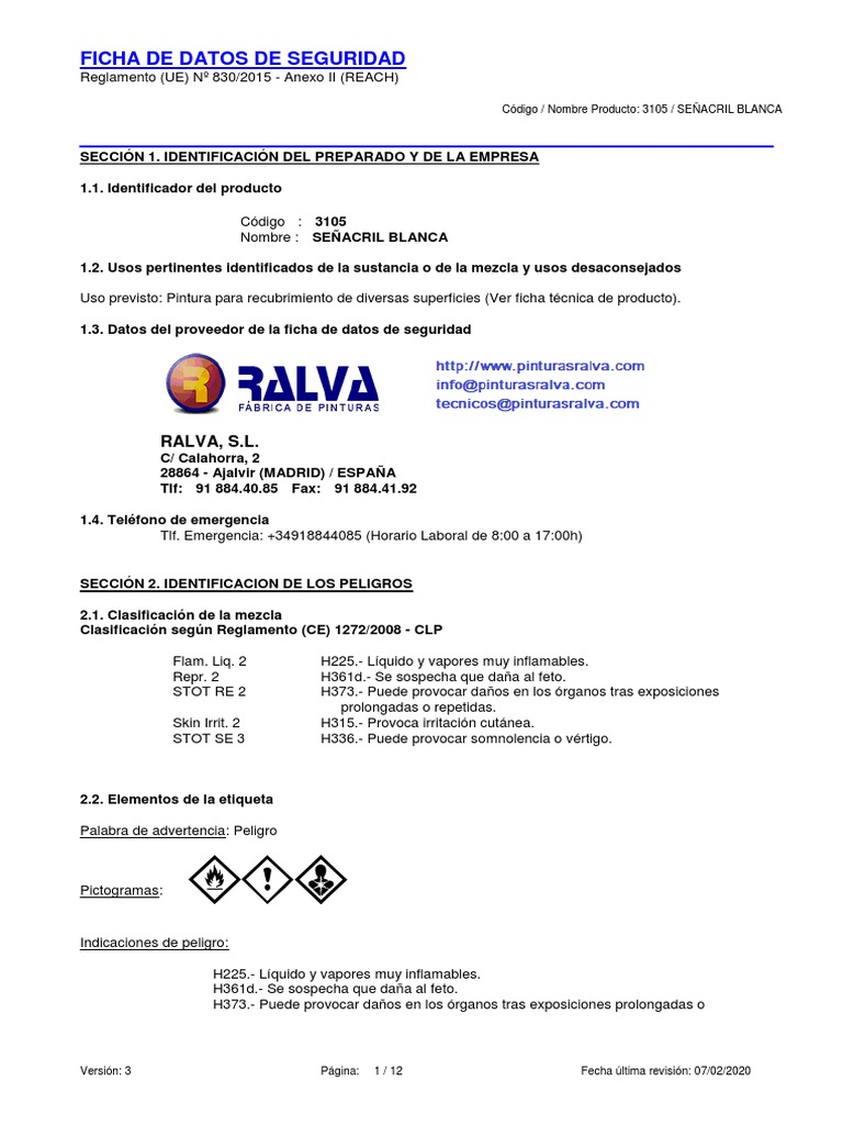 Ficha Seguridad 3105 Senacril Blanco | PDF | Agua | Toxicidad