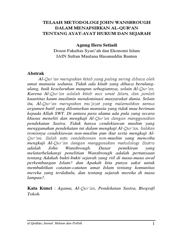 Telaah Metodologi John Wansbrough Dalam Menafsirkan Al-Qur'An Tentang Ayat-Ayat Hukum Dan ...