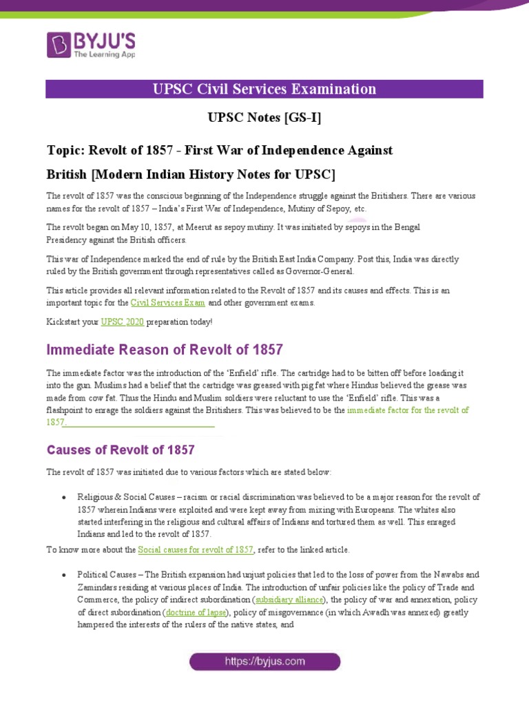 Revolt of 1857 UPSC Notes | PDF | Indian Rebellion Of 1857 | British Raj