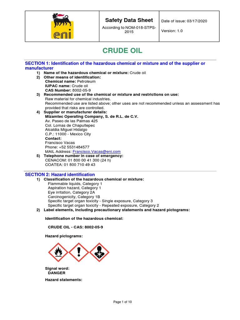 Crude Oil: Safety Data Sheet | PDF | Dangerous Goods | Petroleum