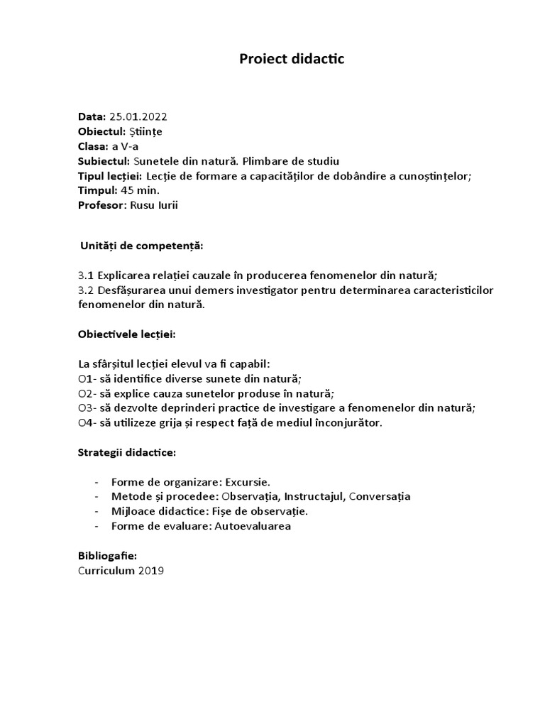 Proiect Didactic Ștințe Sunetul În Natură | PDF