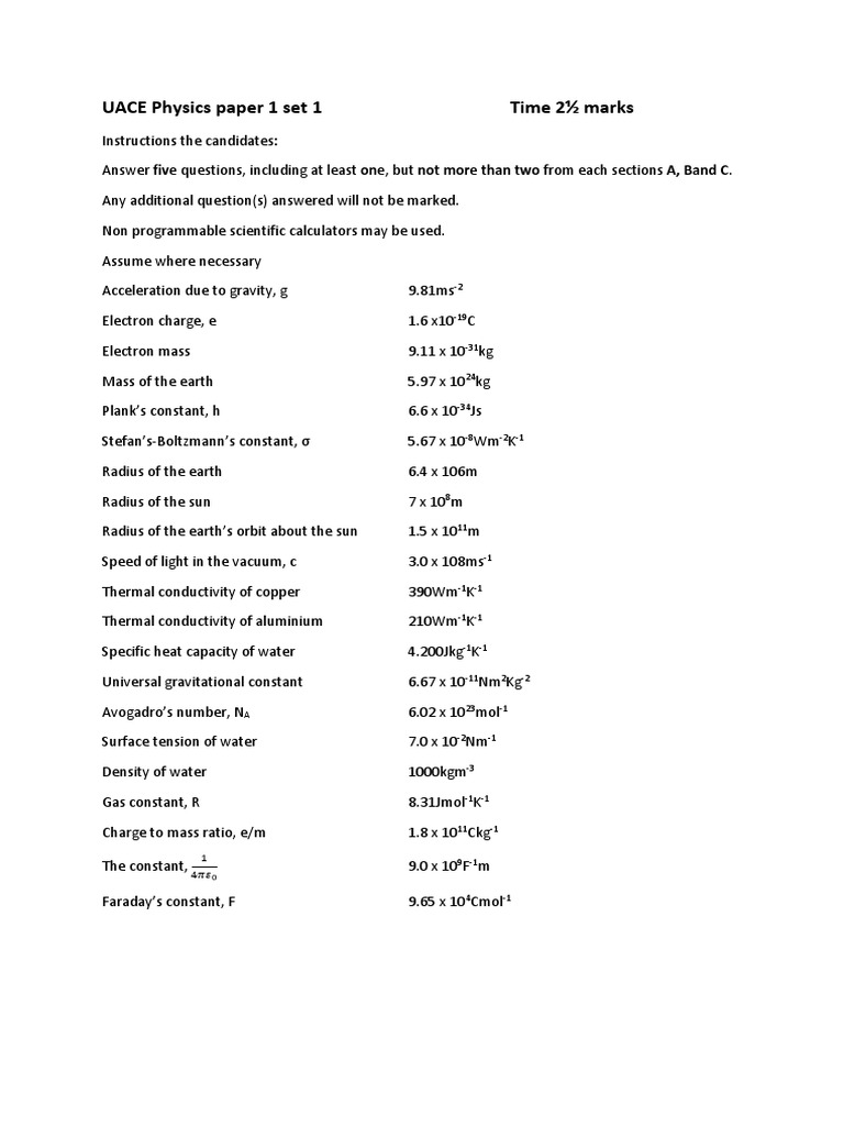 UACE Physics Paper 1 Set1 | PDF | Force | Electron