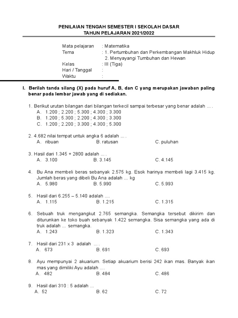 PTS MTK Kelas 3 | PDF