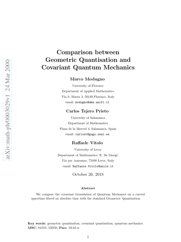 Comparison Between Geometric Quantisation and Covariant Quantum Mechanics | PDF | Quantization ...